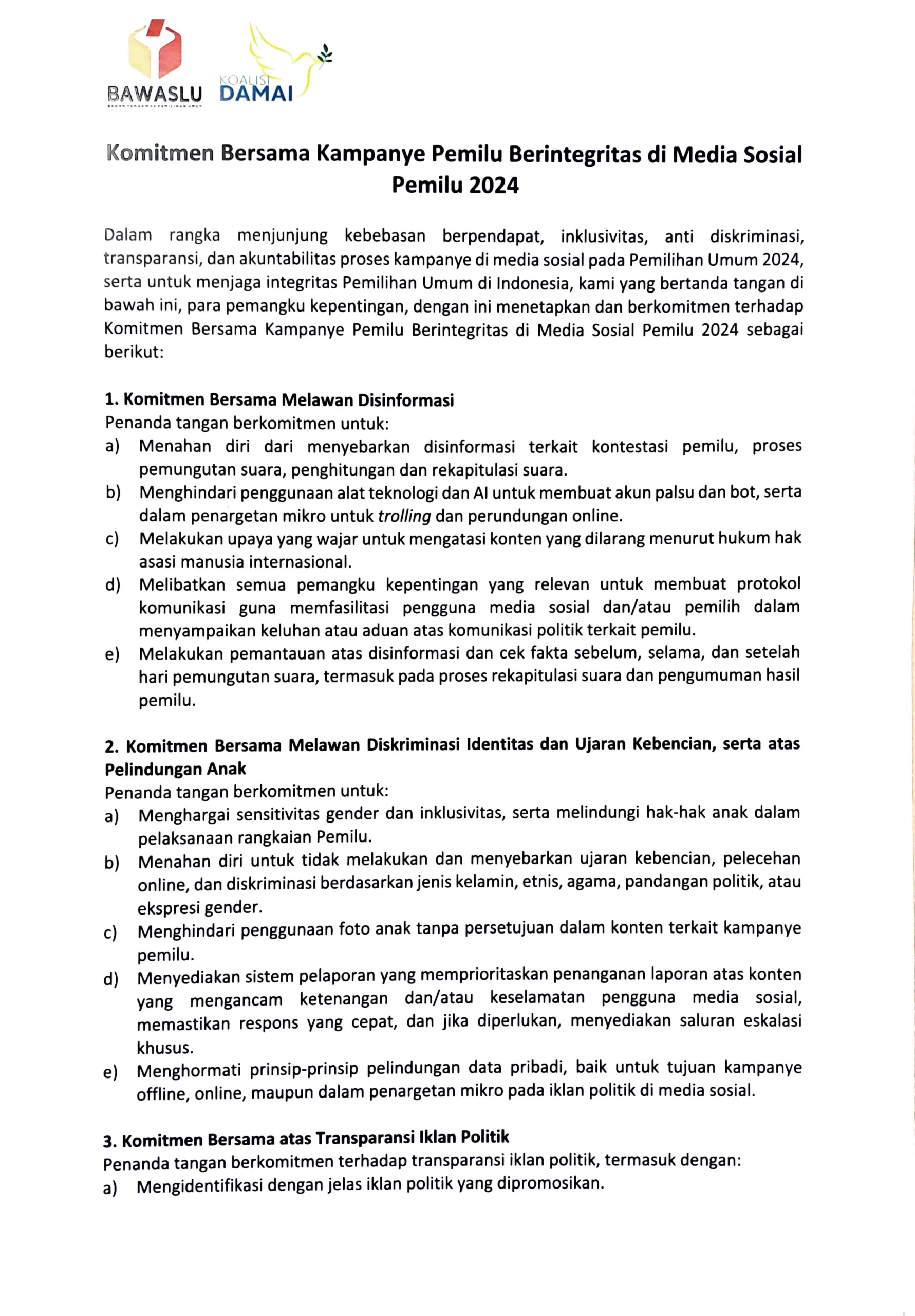 Komitmen Bersama Kampanye Pemilu Berintegritas di Media Sosial Pemilu 2024 - Koalisi Damai